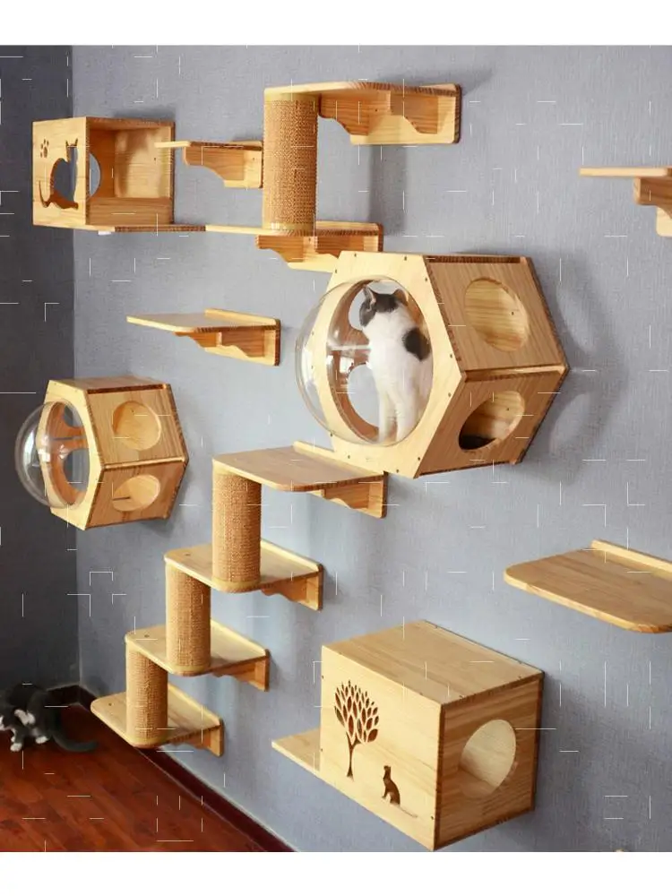 Wall-mounted-Cat-Climbing-Frame-Pet-Tree-House-Wooden-jumping-Platform ...