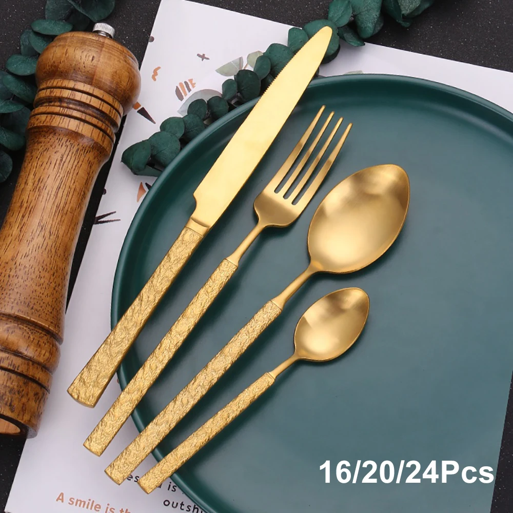 16-20-24-Picese-Gold-Cutlery-Stainless-Steel-Tableware-Black-Dinnerware ...