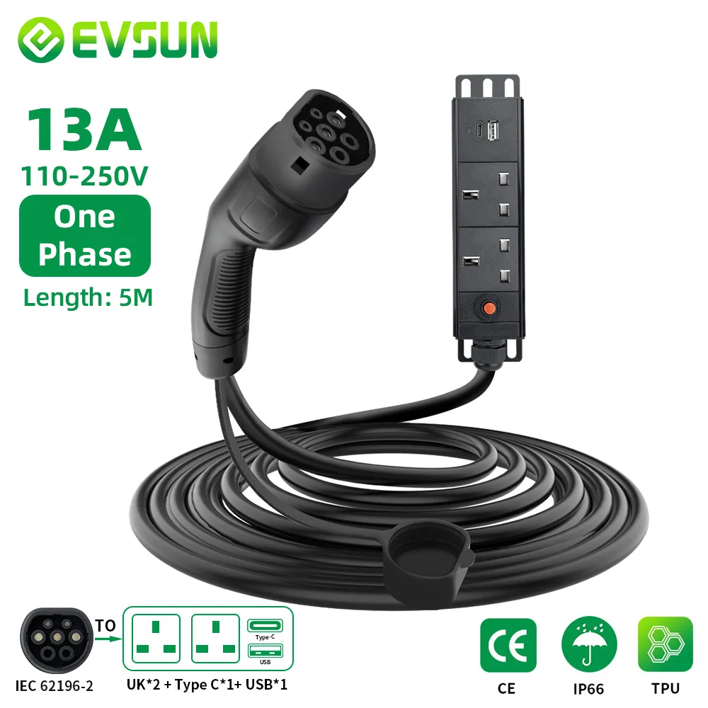 EVSUN Electric Car Side Discharge Plug EV Type2 13A Charger Cable UK ...