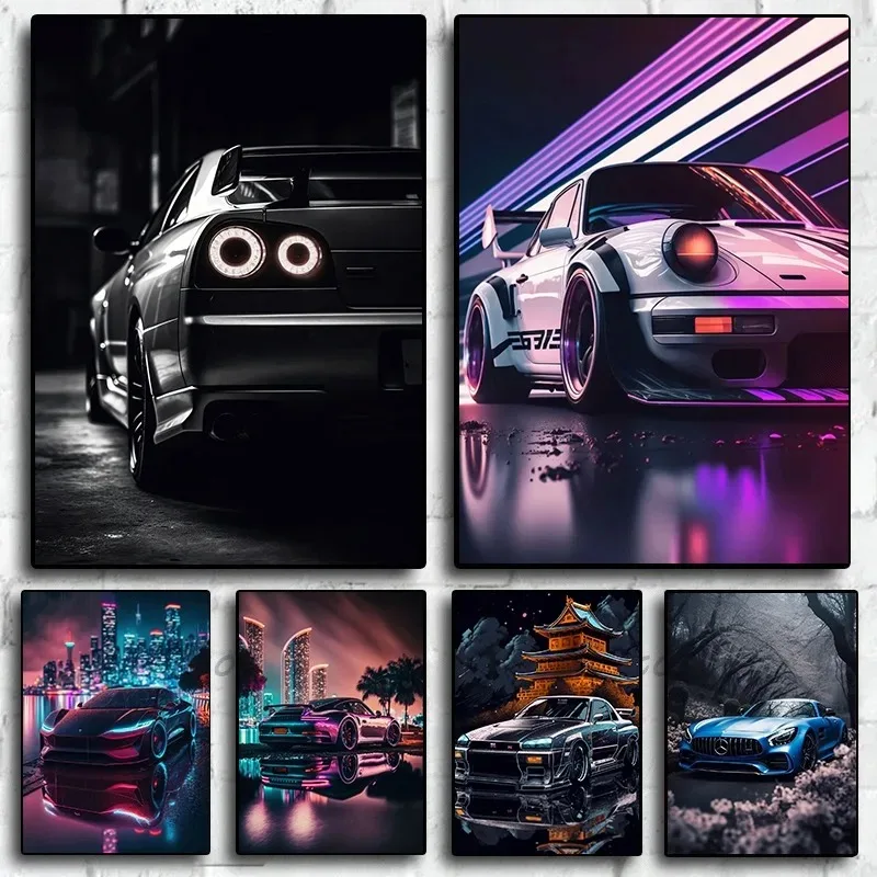 Sports-Car-Poster-Landscape-Painting-Neon-Night-City-Canvas-Printing ...