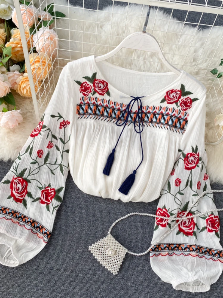 2021 Spring Indie Folk Women Blouse Fashion Embroidery Flowers Lace-up ...