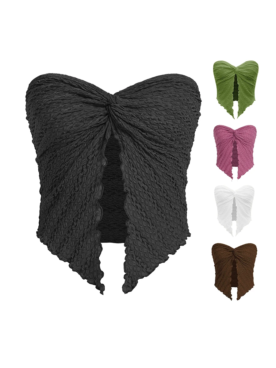 Tops de tubo fruncidos con hombros descubiertos para mujer, Tops abiertos delanteros sin ...