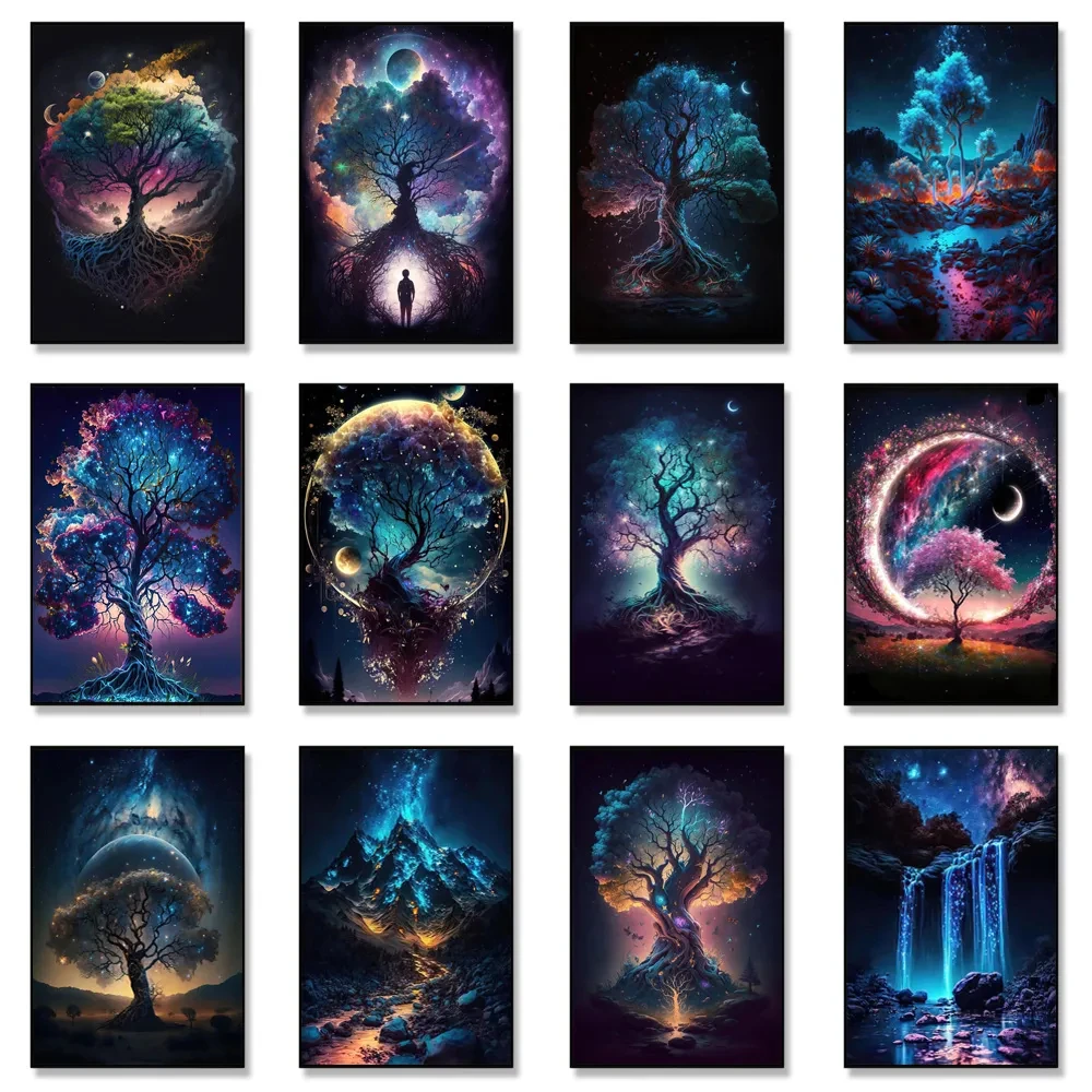Flashing-Magic-Life-Tree-Posters-Printmaking-Galaxy-Aurora-Plant-Canvas ...
