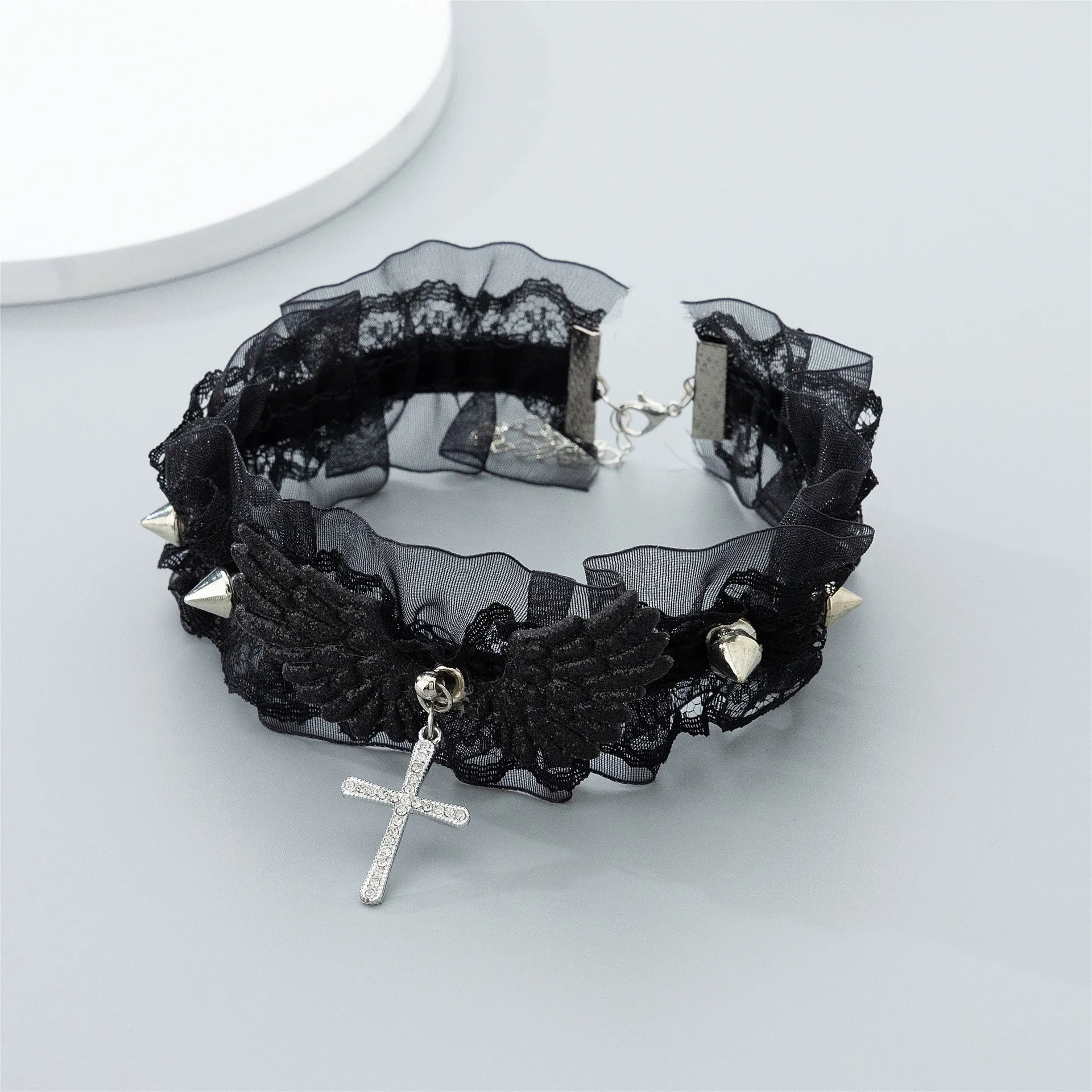 Black White Lace Wing Necklace Vintage Ribbon Bow Gothic Heart Pendant ...