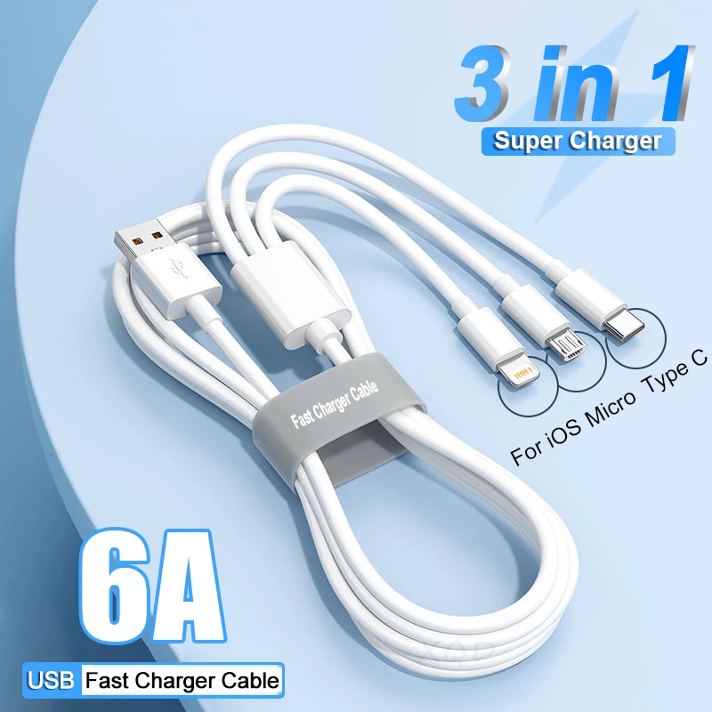 3 in 1 Original 6A Fast Charger Wird Cord For iPhone 11 13 14 Pro Max 8 ...