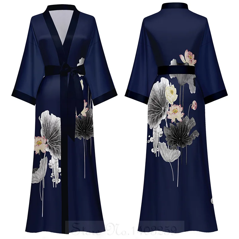 Japanese Style Half Sleeve Kimono Bathrobe Gown Female Long Robe ...