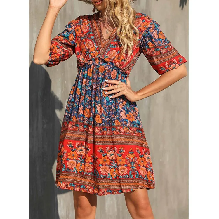New-Feminine-Dress-V-neck-Short-sleeved-Printed-Colorful-Retro-Q-Street ...