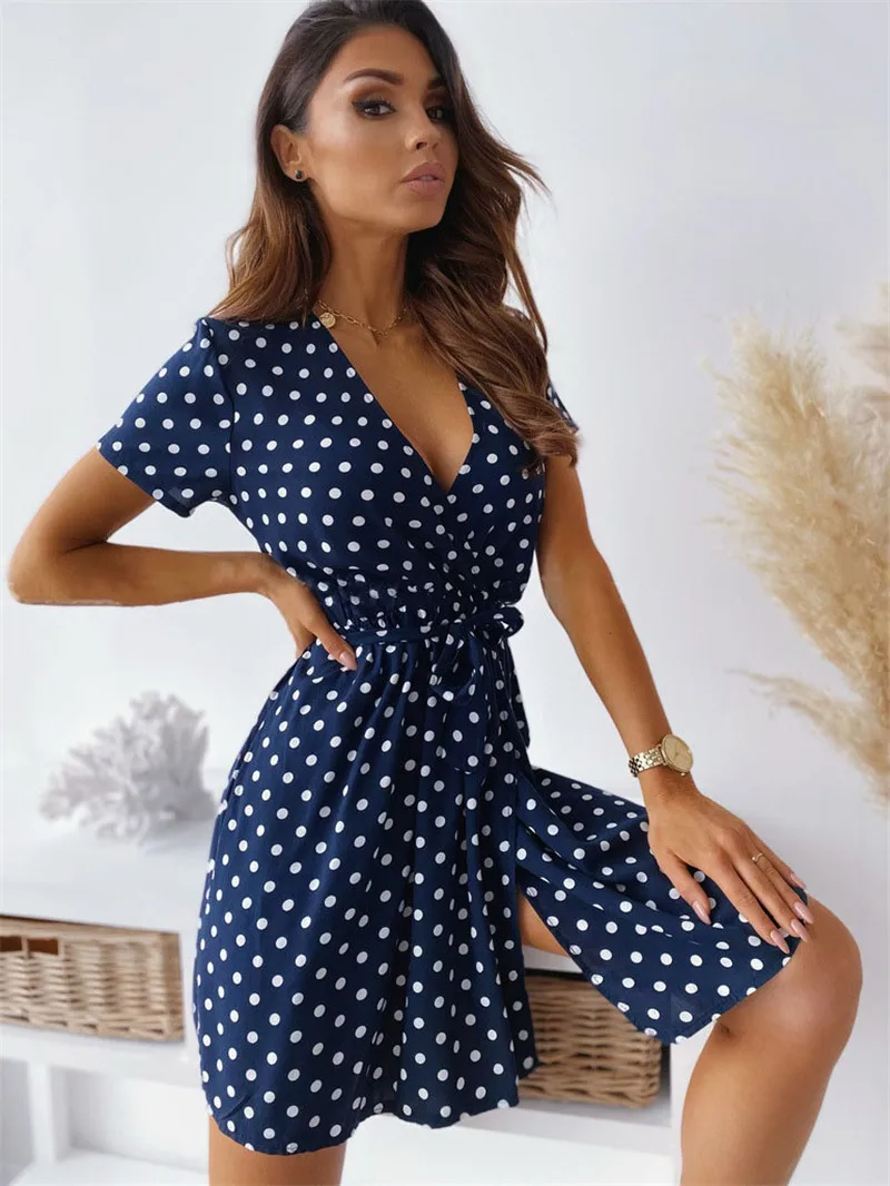 Robe à pois à manches courtes pour femmes, col en V, imprimé, mini, à ...