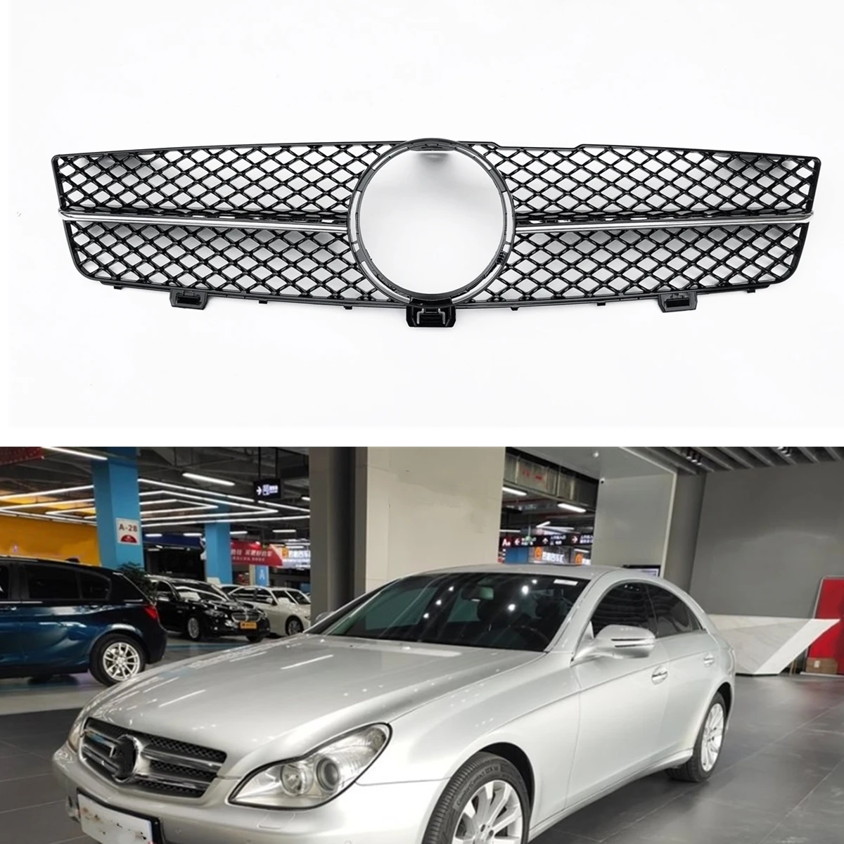 Honeycomb-estilo-Mesh-Front-Bumper-Grill-Silver-Grille-para-Mercedes ...