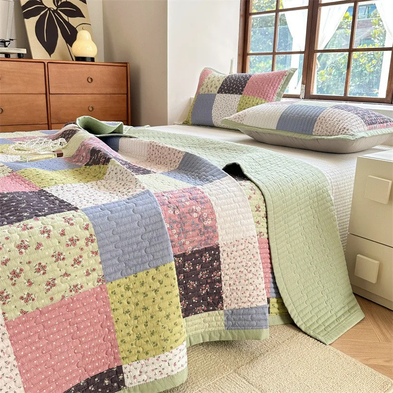 Cotton-Quilted-Bedspread-Set-Printed-Plaid-Padding-Quilt-Duvet-Linen ...