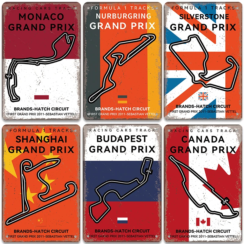 F1 Racing Circuit Poster Vintage Metal Tin Signs Monaco Spain USA ...