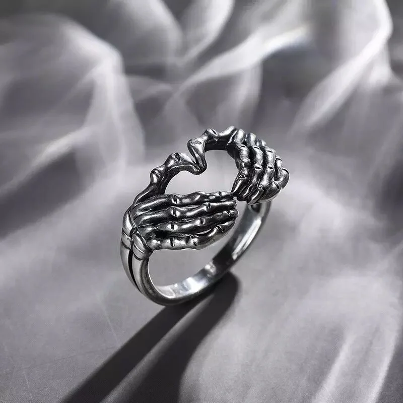 Vintage-Punk-Skull-Hand-with-Heart-Shaped-Ring-for-Men-Women-Hip-Hop ...