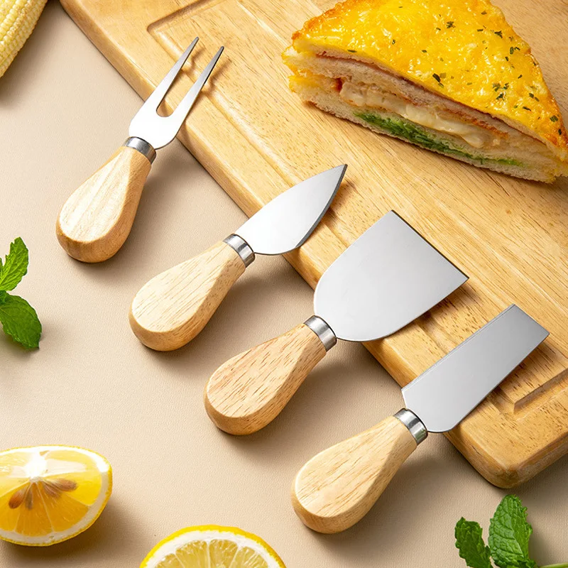 4-piece-Stainless-Steel-Cheese-Knife-And-Fork-Set-Wooden-Handle-Cheese ...