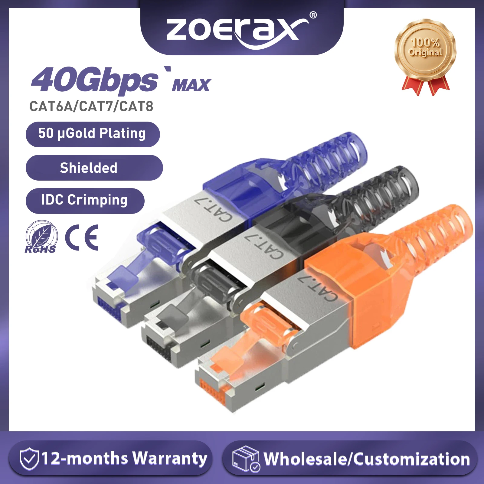 ZoeRax RJ45 Cat8 Cat7 Cat6A Connectors Tool-Free, Zinc Alloy Shielded ...