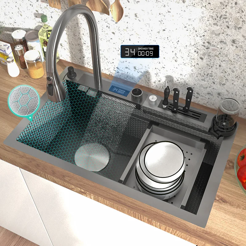 Stainless-Steel-Kitchen-Sink-Waterfall-Sink-Embossed-Large-Single-slot ...