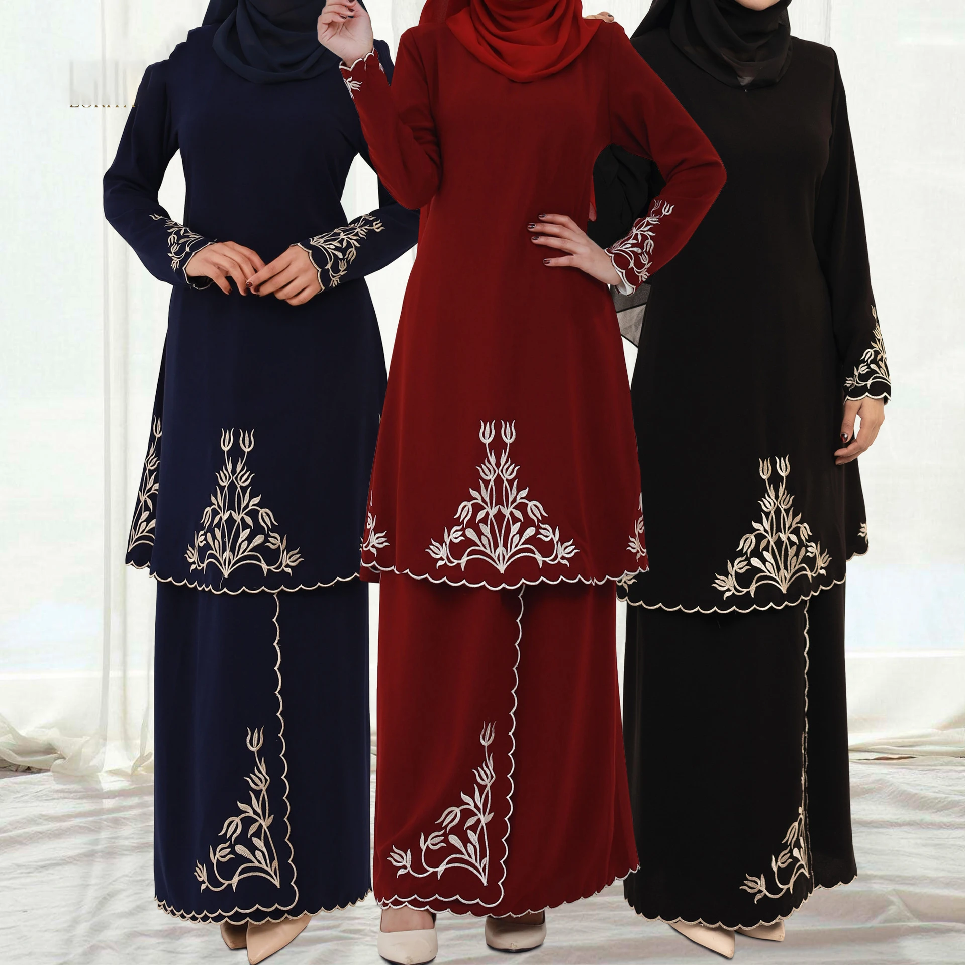 2023 New Embroidery 2 Piece Muslim Sets Women Islamic Clothing Eid Ramadan Modest Clothes ...