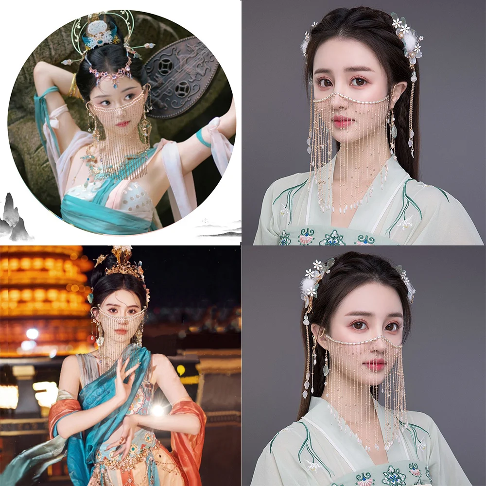 Chimese-Hanfu-Chains-Tassel-Pearls-Face-Veil-Mask-Dance-Masquerade-Prom ...