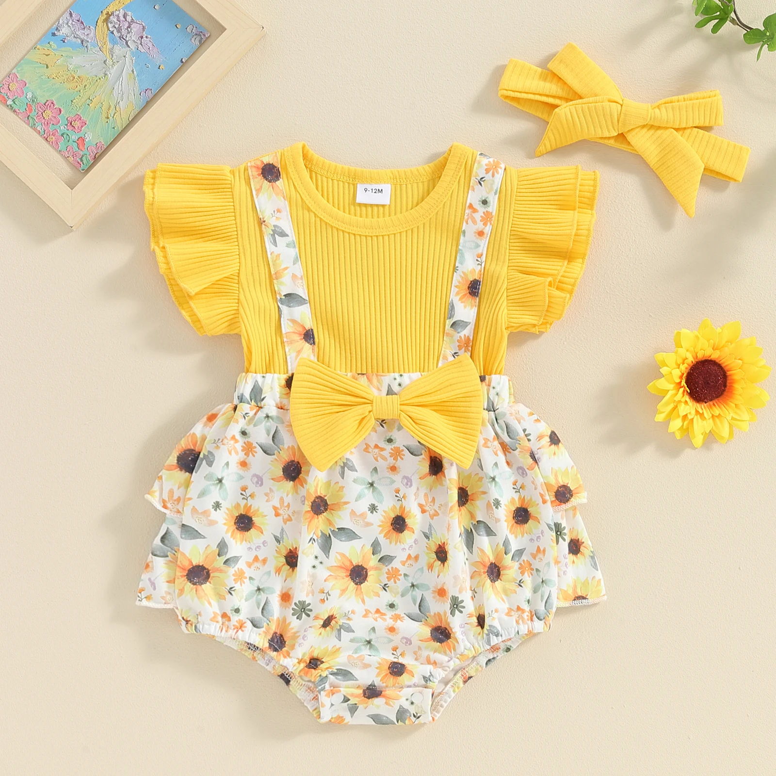 Baby-Girl-2-Piece-Summer-Set-Fly-Sleeve-Sunflower-Print-3D-Bow-Fake-Two ...