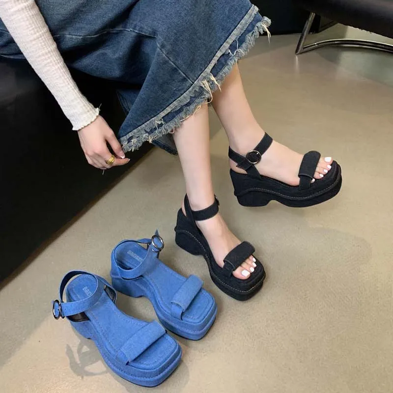Blue-Platform-Wedges-Sandals-Black-Denim-Chunky-Wedges-Summer-Punk ...