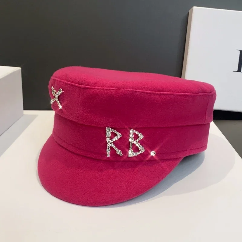 New Hop Pink Rhinestone Wool Newsboy Caps Fashionable Flat Top Cap ...