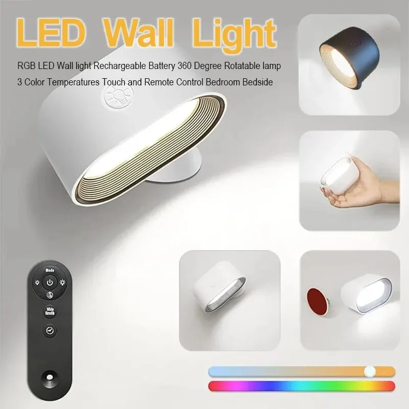 LED-Wall-Light-Rechargeable-360-Rotatable-Lamp-5-Brightness-Levels-RGB ...