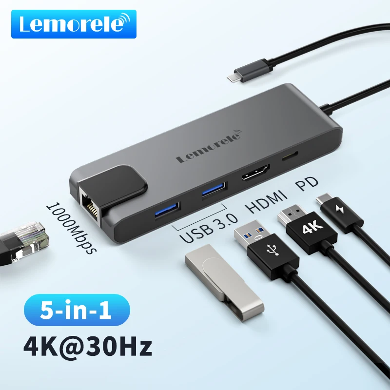 Lemorele-5-in-1-USB-Hub-docking-station-USB-C-to-RJ45-Gigabit-Ethernet ...