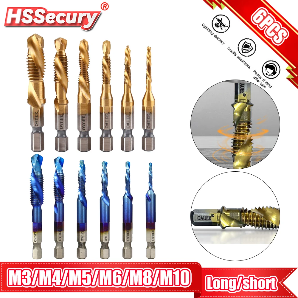 6pcs-Lots-Titanium-Plated-Hex-Shank-Drill-Bits-Set-HSS-Screw-Thread ...