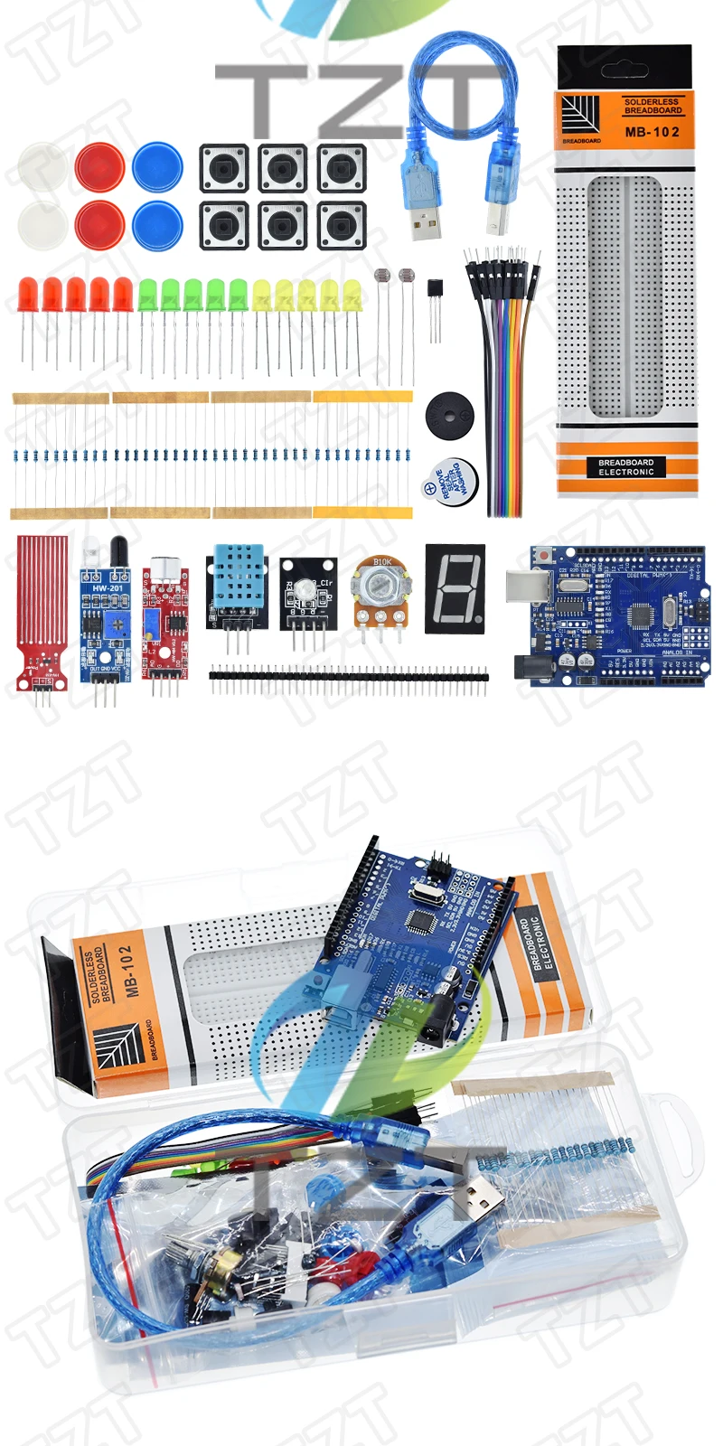 TZT Starter Kit for Arduino Uno R3 Breadboard Basic learning kit, sound/water level/humidity ...