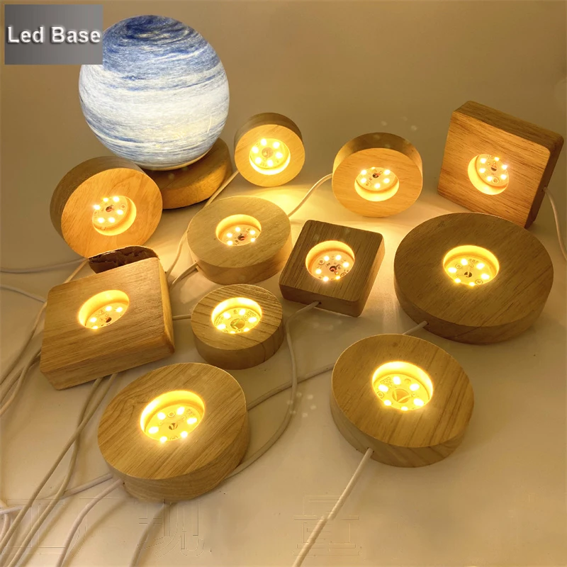 Round-Wooden-Led-Light-Display-Base-Stand-USB-Glass-Resin-Art-Ornament ...