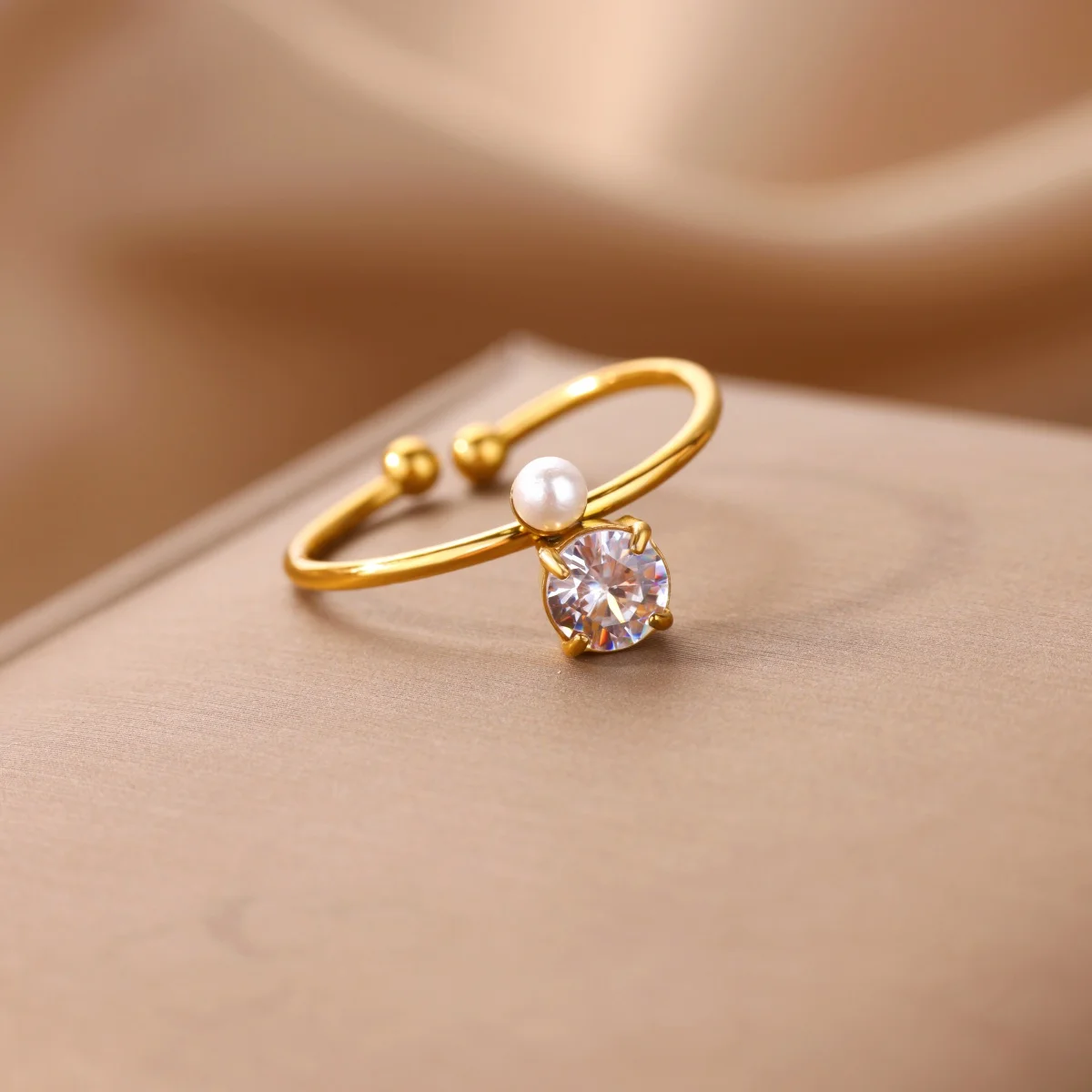 Imitation Pearl Zirconic Square Open Ring for Women Stainless Steel ...