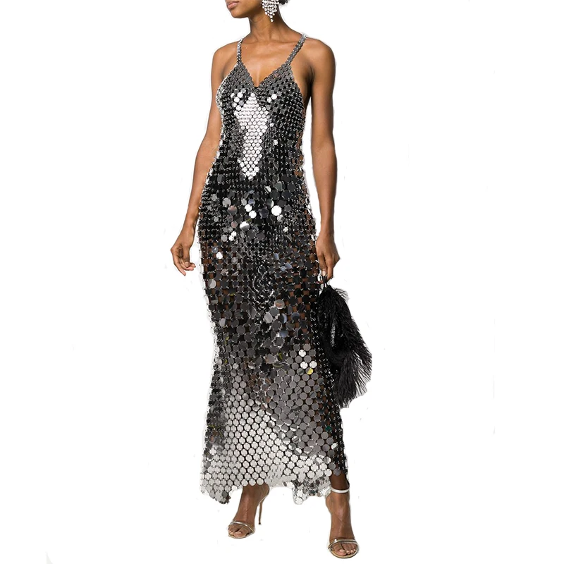 Women-Metallic-Gold-Long-Party-Dress-Backless-Halterneck-Chainmail ...