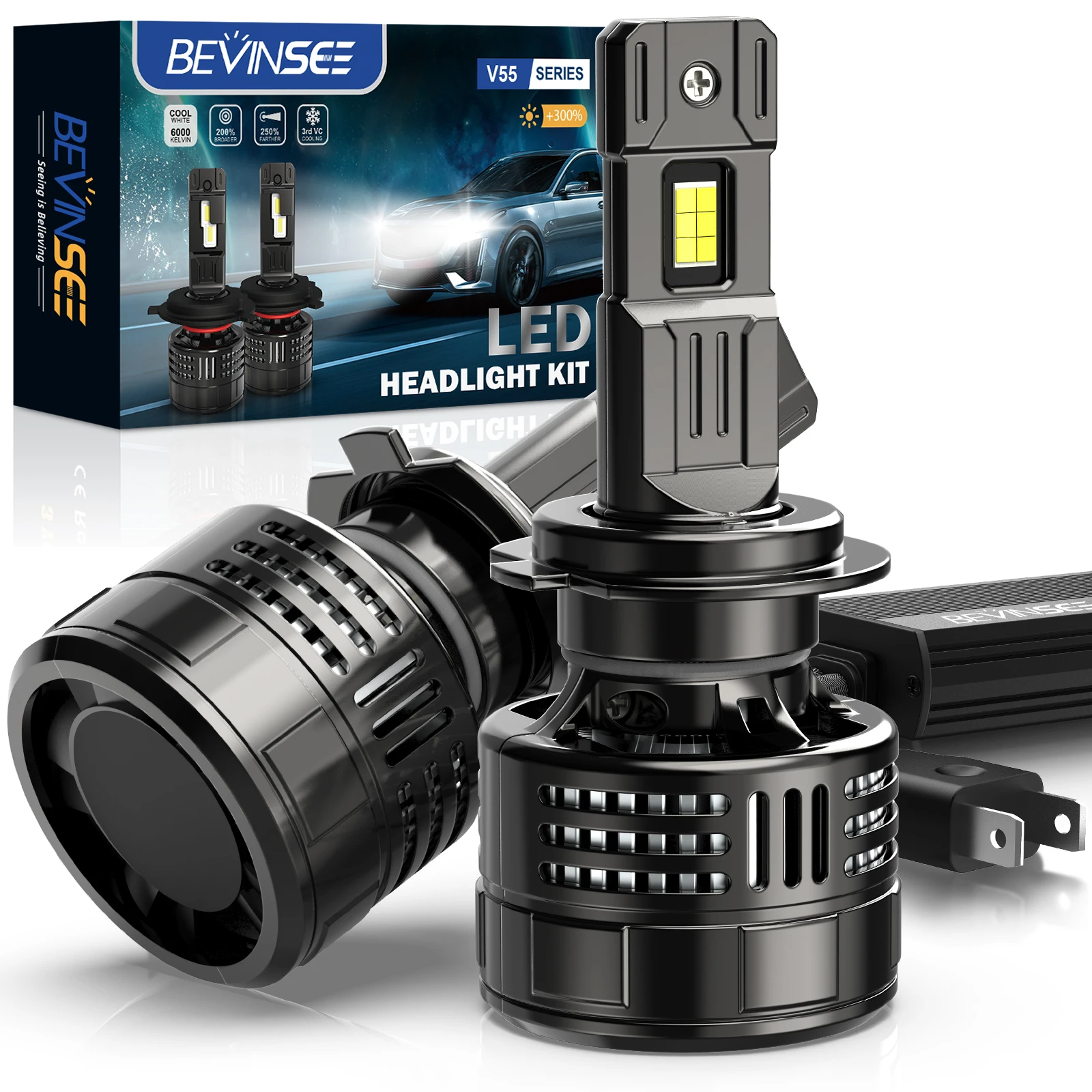 Bevinsee bombilla LED para faro delantero de coche, lámpara CANBUS 150W H7 H4 H11 9005 HB3 9006 ...