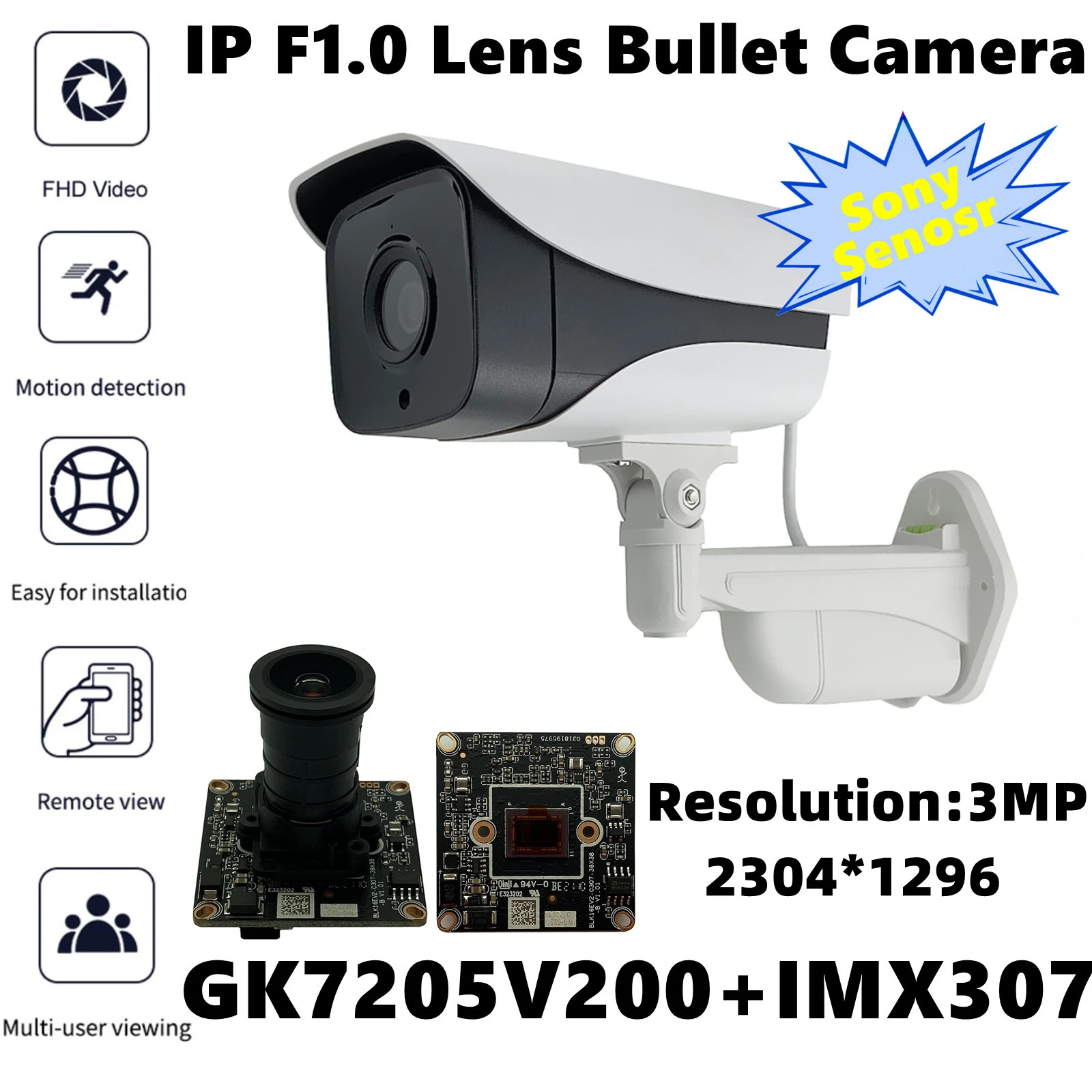 F1.0 StarLight Sony IMX307+GK7205V200 IP Outdoor Bullet Camera 3MP 2304 ...