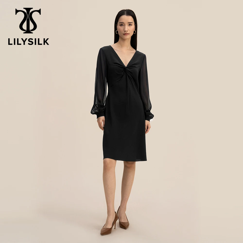 LILYSILK 100% Silk Dress 2023 New Summer Sheer Mesh Sleeve V Neck Patchwork Midi Robe Office ...
