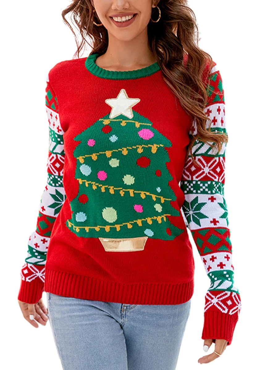 Women-s-Christmas-Tree-Sweaters-Star-Embroidery-Long-Sleeve-Round-Neck ...