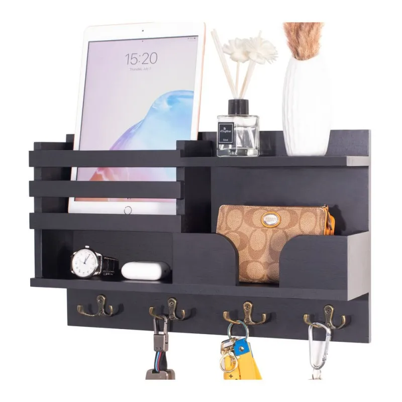Wooden-Key-Holder-Box-with-4-Double-Hooks-Wall-Mounted-with-Shelf ...