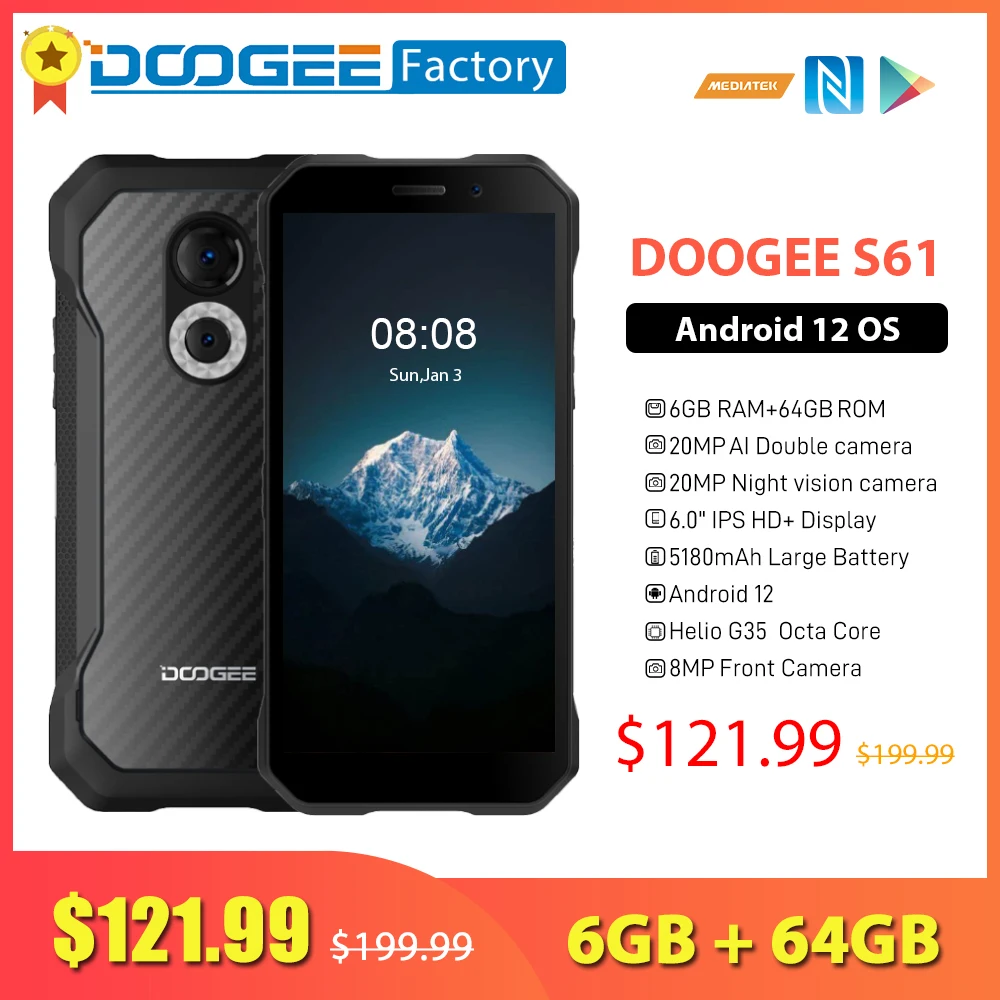 DOOGEE teléfono inteligente S61, móvil con cámara de visión nocturna de 20MP, 6GB y 64GB, Octa ...