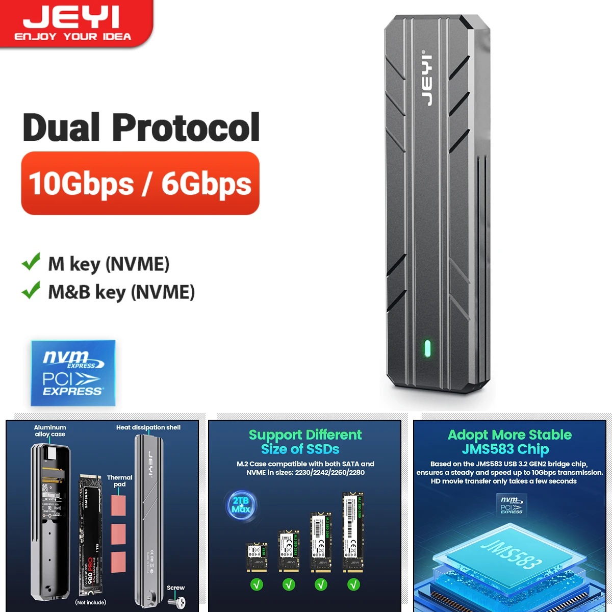 JEYI i9 583 LED 알루미늄 합금 M2 NVMe SSD 케이스, 듀얼 프로토콜 HDD 박스, M.2 NVME SSD에서 ...