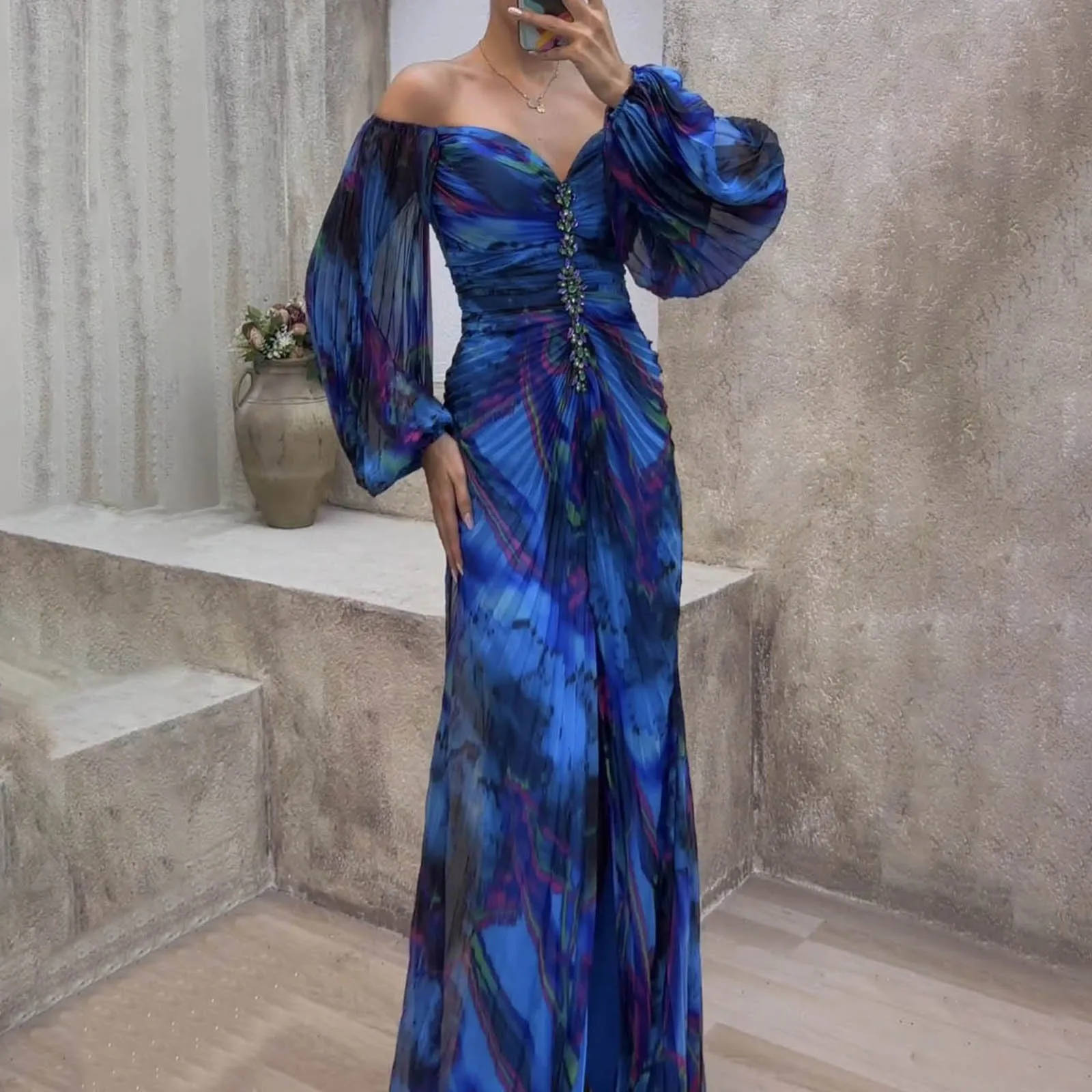 Long Wedding Evening Dresses For Women Ladies Gathering Pleated Long ...