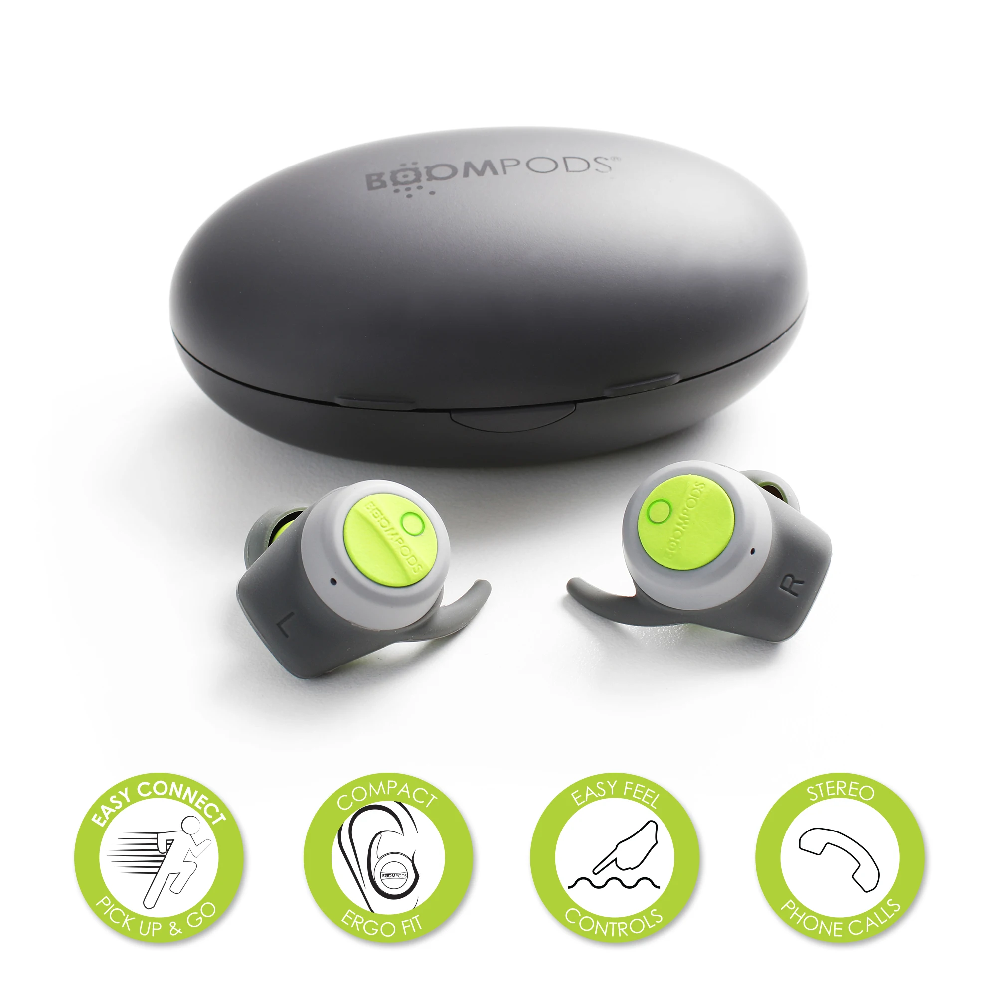 Boompods Boombuds 진정한 무선 이어버드 스포츠 헤드셋, 보안 핏, 자동 페어링, 솔리드 연결, 땀 방지 옵션 이어 팁