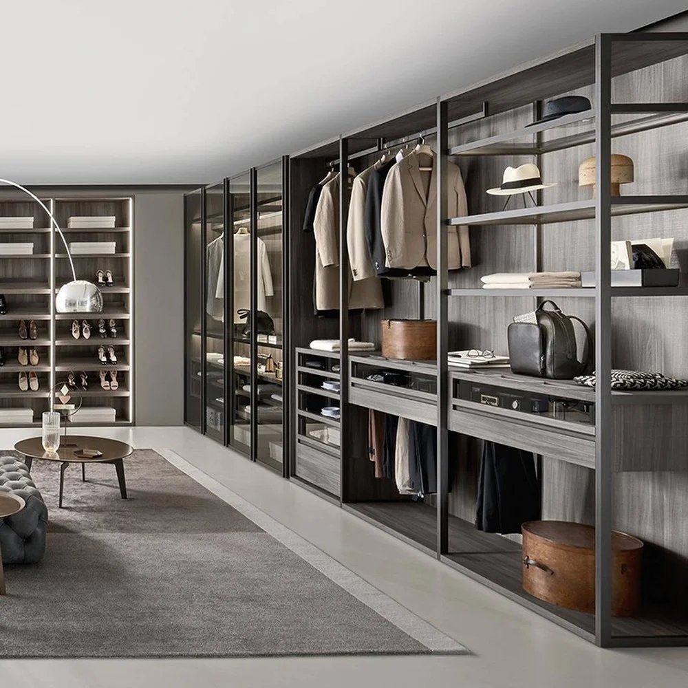 L Shaped Wood Grain Walk In Closet of Best Bedroom Wardrobe with Large ...