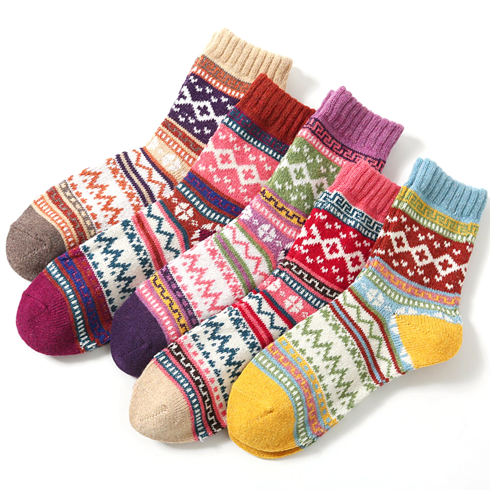 5 Pairs Women Wool Socks Colorful Soft Warm Ethnic Style Socks Warm ...