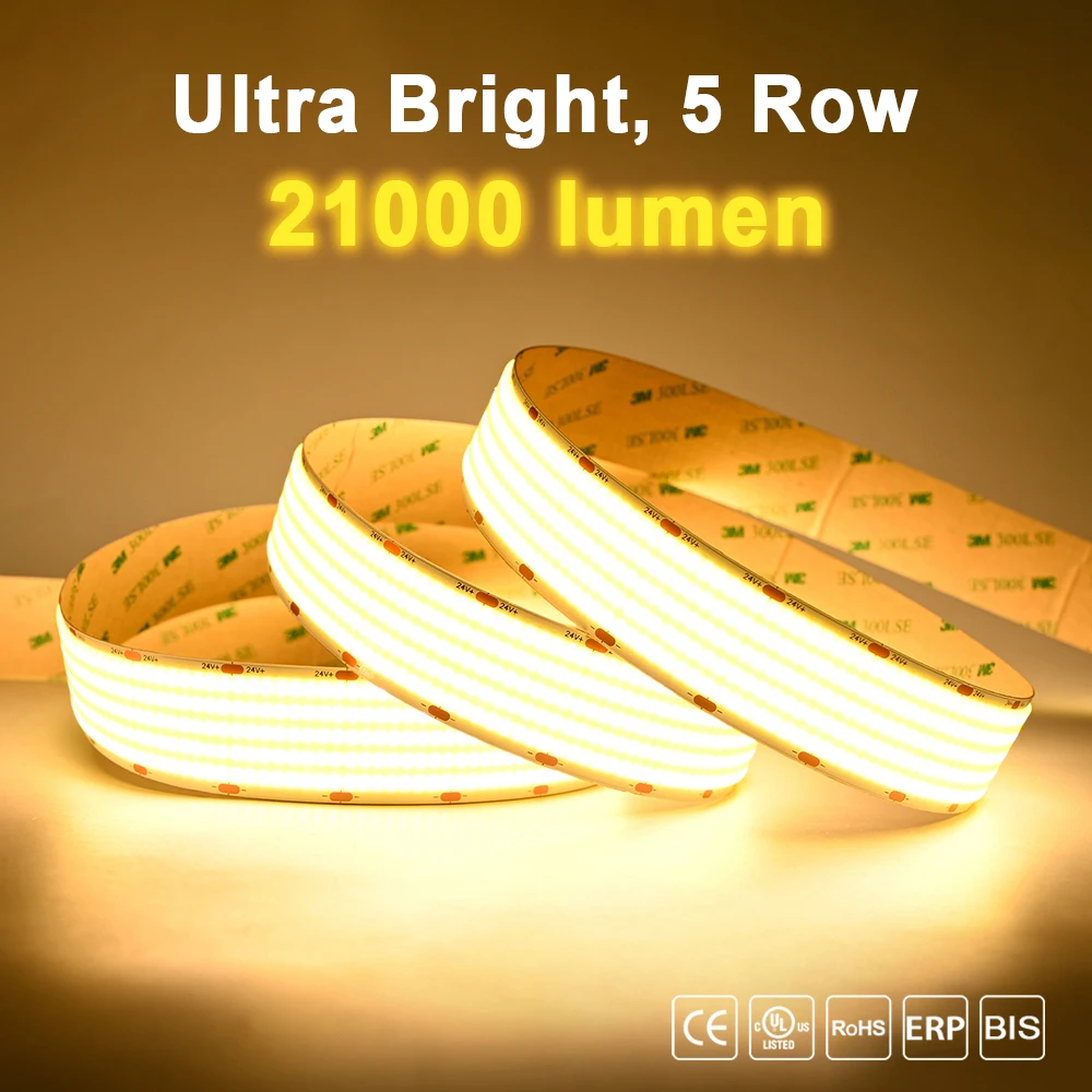 5-Rows-High-Brightness-Flexible-COB-LED-Strip-4300lm-m-High-Density ...