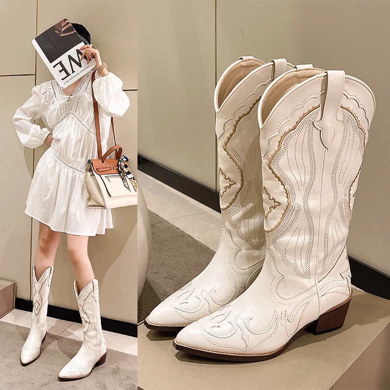 Women-s-Embroidered-Western-Mid-Calf-Boots-Cowboy-Square-Heels-Boots ...
