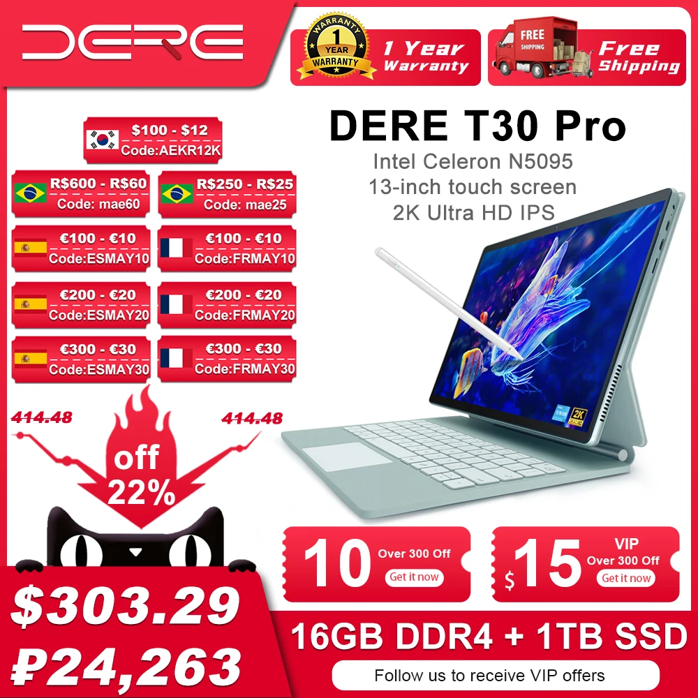 Laptopy DERE T30 Pro, 13 calowy ekran dotykowy IPS 2K, 16GB RAM + 1TB SSD, komputer biurowy ...
