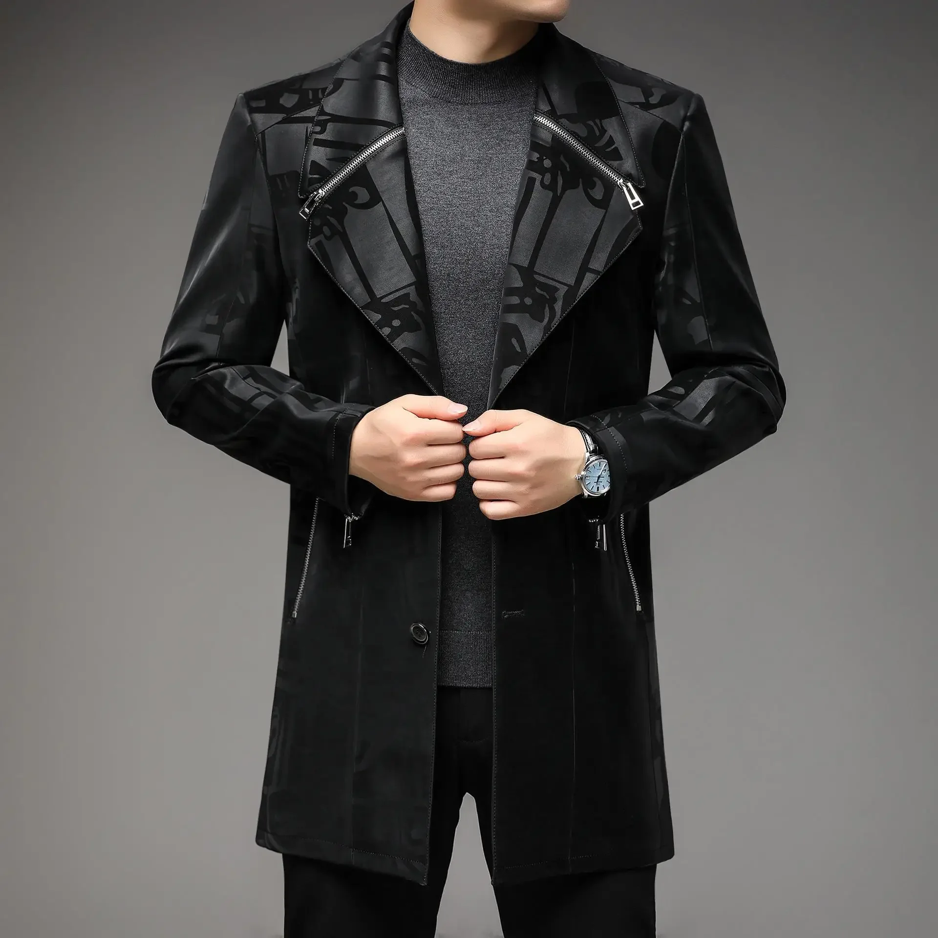 Multiple-Zipper-Striped-Grid-Leather-Jacket-Slim-Sheepskin-Suit-Jackets ...