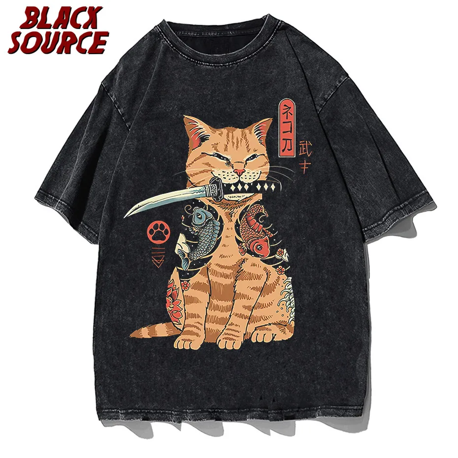 Genki Cat Series Casual O-neck Youth Men's Comfortable Shirt Men's T ...