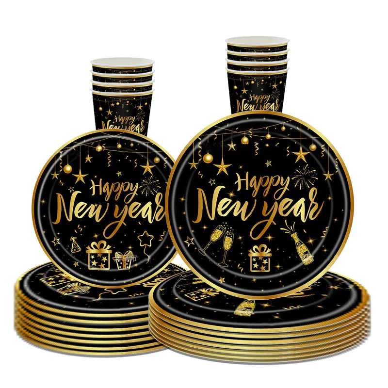 Disposable Tableware New Year Black Gold Happy New Year 2023 Happy