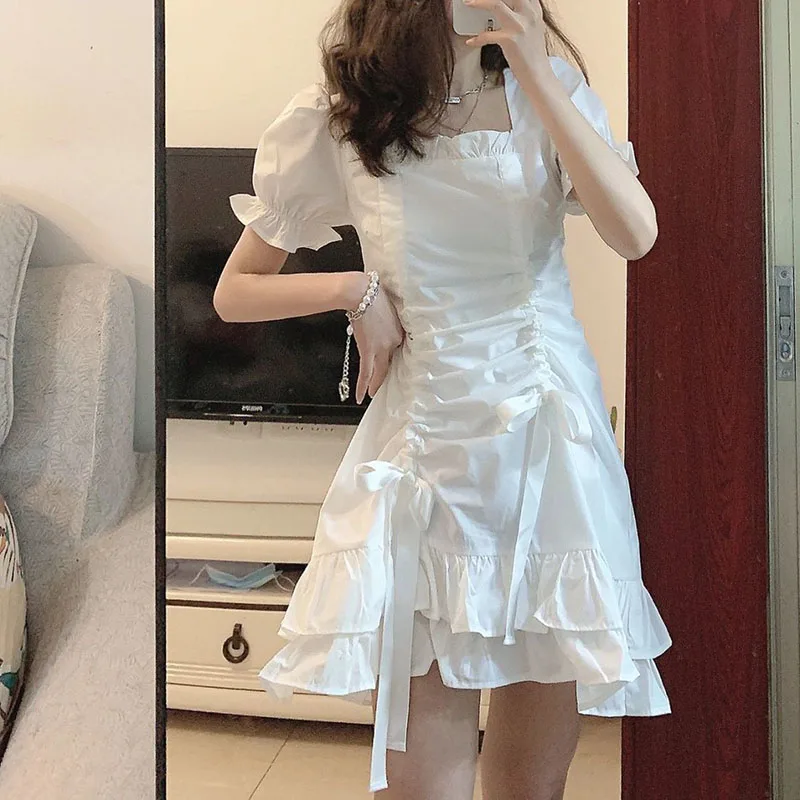 Summer-Fairy-Ruffles-Women-Mini-Dress-Korean-Square-Collar-Drawstring ...