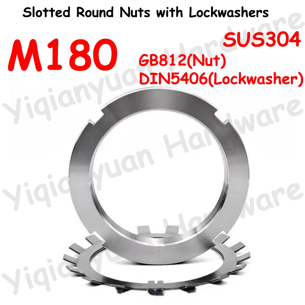 Yiqianyuan 2Sets GB812 M180xP3.0 Slotted Round Locknuts with DIN5406 M180 Lockwahsers SUS304 ...